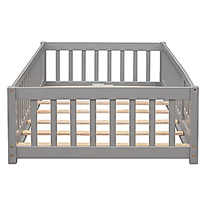 Twin Size Floor Platform Bed with Fence, Wooden Playpen Bed for Kids, Kids Fence Bed with Door, No Box Spring Needed (Grey)