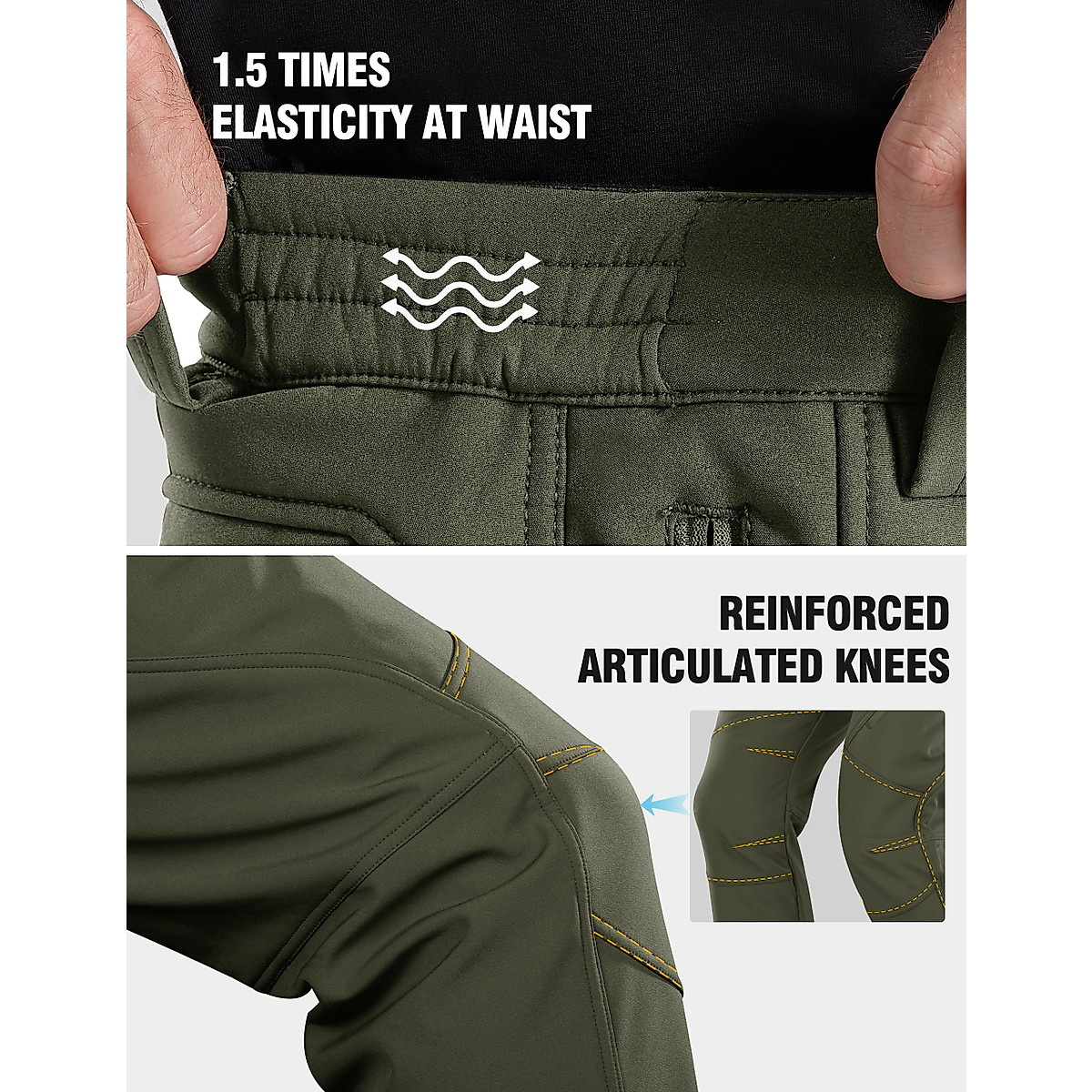 FREE SOLDIER Men's Fleece Lined Outdoor Cargo Hiking Pants Water Repellent Softshell Snow Ski Pants with Zipper Pockets (Army Green 40W x 32L)