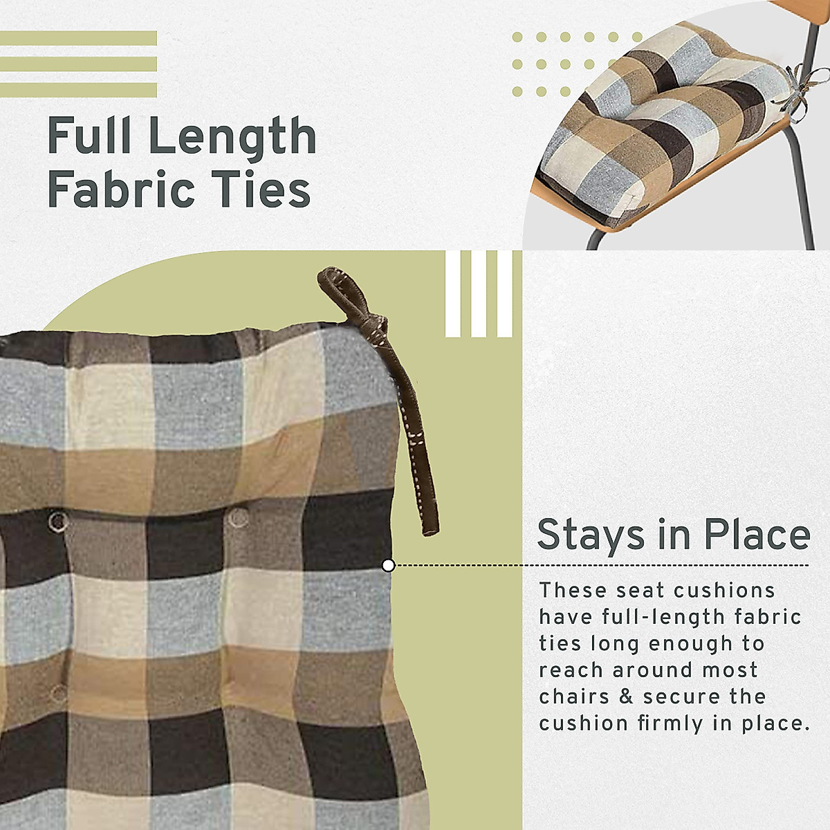 Arlee Home Fashions – Fiber Filled Premium Chair Pads - Chair Pads with Tiebacks –17.25” L X 16” W – Cholocate - Set of 4,Chocolate