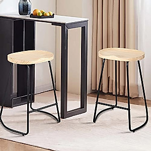 HeuGah Bar Stools, Solid Wood Barstools Set of 2, 26" Counter Height Bar Stools with Metal Leg,Rustic Backless Bar Stools for Kitchen Island,Bar Chairs with Solid Wood Saddle Seat (Burlywood, 26 Inch)