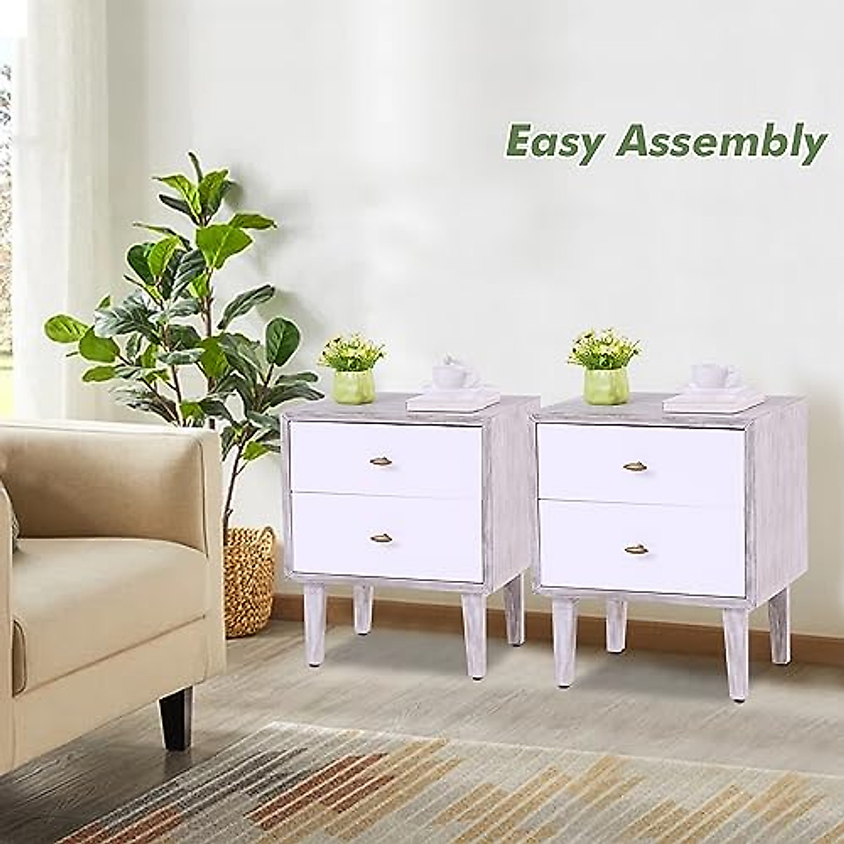 kinbor Modern Nightstand Set of 2, Side End Table Bedside Tables with 2 Storage Drawers and Solid Wood Legs, Night Stands for Bedroom Living Room, Gray/White