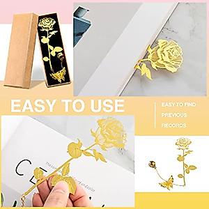 4 Pack Metal Golden Rose Bookmarks Flower Bookmark Cute Bookmarks with 3D Butterfly Pendant Chain and Box Teacher Mom Appreciation Birthday Gifts for Reader Book Lover