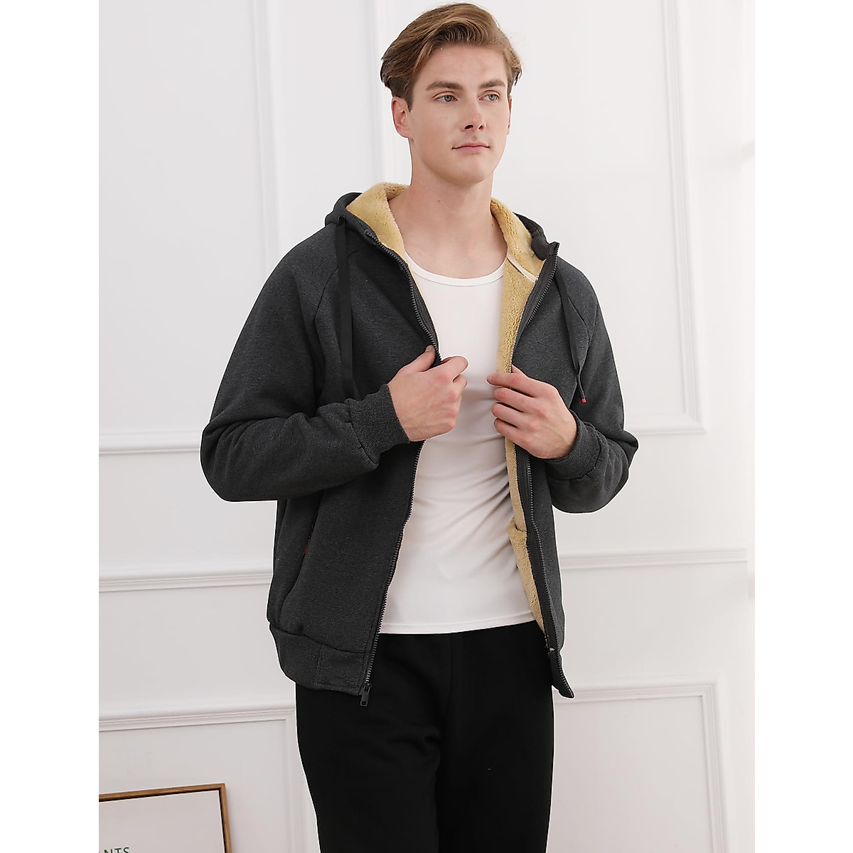 Gihuo Men's Winter Sherpa Lined Hoodie Zip Up Sweatshirt Heavyweight Warm Fleece Jacket with Pockets (Dark Grey, X-Large)