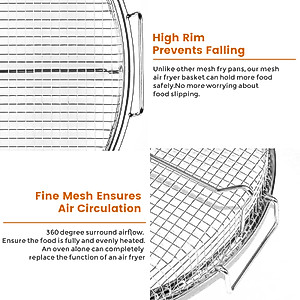 Air Fryer Basket for Oven,2 Pieces Set Round Silver 12'' Non-stick Stainless Steel Mesh Air Fryer Baking Tray Accessories Rack Roasting Grill Basket for Convection Oven Air Fryer, Dishwasher Safe