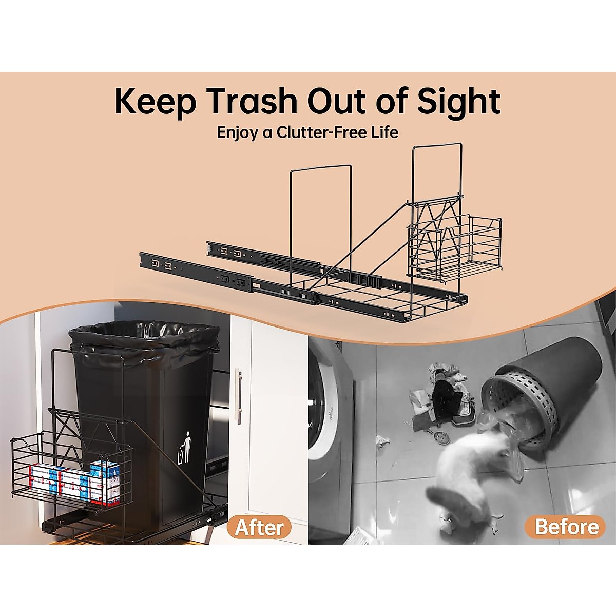 Mythco Cabinet Trash Can Pull Out Kit with Removable Garbage Bag Holder Under Sink Trash Can Pull Out Slider for 28–44 Quart Cans Up to 125 lb- (Can Not Included) (Black)