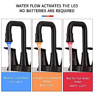 VXV Bathroom LED Faucet 360 Degree Swivel Spout 2-Handle Lavatory Faucet with Pop Up Drain and Replaceable LED Aerator 4 Inch Centerset Lavatory Vanity Faucets 2 Hole Matte Black