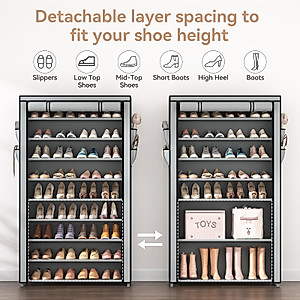 LANTEFUL Shoe Rack with Covers 10 Tier Tall Shoe Rack Organizer Large Capacity Shoe Shelf Storage 40 Pairs Space Saving Free Standing Shoe Storage Organizer for Closet, Entryway, Dorm, Grey