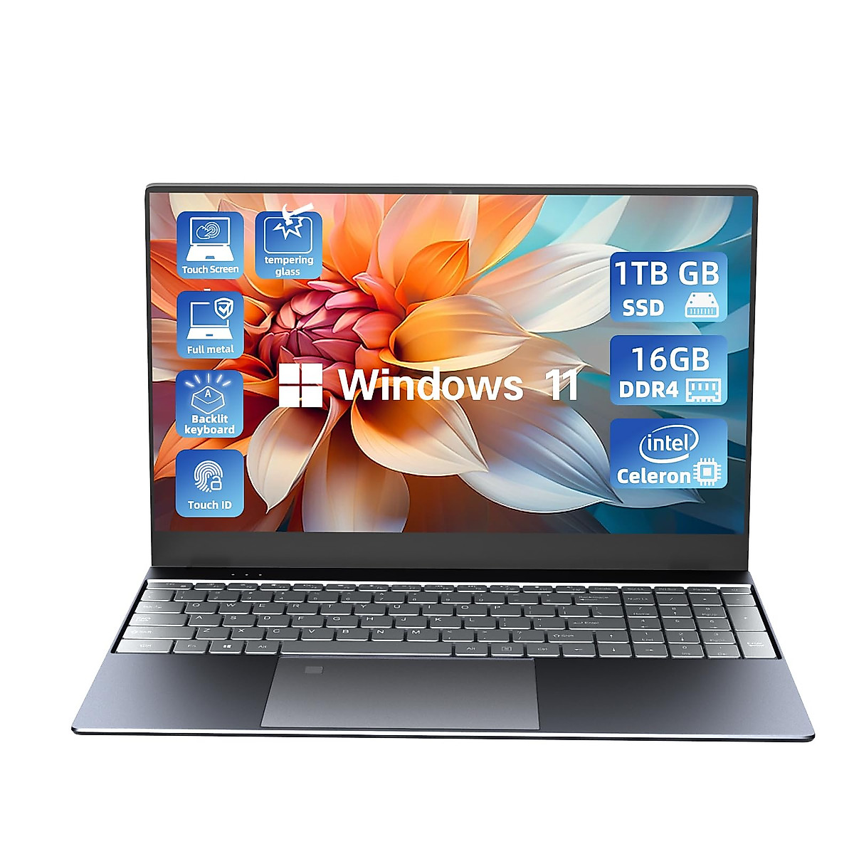 Morostron 15.6" Touch Screen Laptop 16GB RAM 1TB SSD 1080P FHD, Win11 Quad-Core Processor, Full Metal Laptop with Backlit Keyboard & Finger Print Touch ID, AC WiFi, WPS, Mini HDMI, USB 3.0
