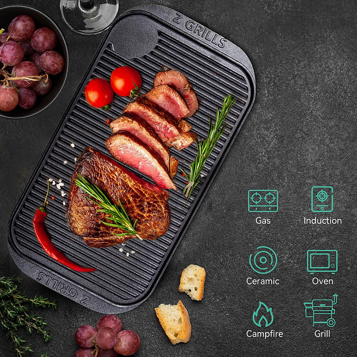 Z GRILLS Cast Iron Griddle 2-in-1 Reversible Grill Pan, Ideal for Gas Stovetop, Campfire, and Oven Cooking, Lightly Pre-Seasoned for Enhanced Flavor, 20-inch