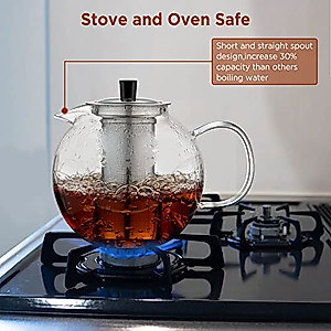 1500m Glass Teapot with Removable Stainless Infuser(52oz), Ehugos Stovetop Safe Large Tea Pot, Hand Crafted Kettle for Women and Adult, for Loose Leaf Tea, Hot and Iced Water, Juice Beverage