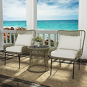 VIVIJASON 3-Piece Patio Conversation Bistro Set, All-Weather Wicker Outdoor Modern Furniture Small Balcony Chat Set w/ 2 Rattan Chairs, Cushions, Glass Top Side Table for Porch Backyard, Grey