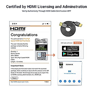 DONKIK Certified 8K Ultra High Speed HDMI 2.1 Thin Cable 4.9ft, 48Gbps HDMI Cord 4.9ft, 8K@60Hz 4K@120Hz HDR eARC HDCP 2.2 2.3 Compatible with PS5, Xbox, Switch, Apple TV, Roku, Gaming PC