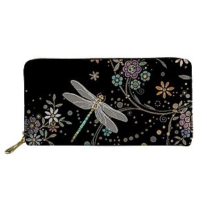 GIFTPUZZ Dragonfly Design Black Wallets for Women Girls Rfid Blocking Clutch Party Bag Travel Shopping Purse PU Leather Card,Cash,Coin Holder Zip Around Wallet Money Clips