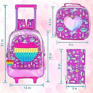 CCJPX 3PCS Kids Rolling Backpack for Girls, Unicorn Roller Wheeled Bookbag Toddler Elementary School Bag with Wheels Purple