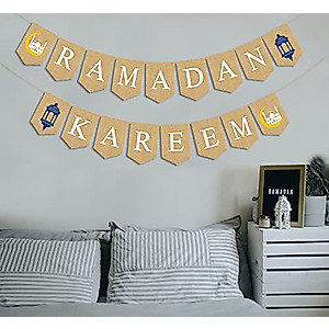 JKQ Ramadan Kareem Burlap Banner with Lantern Moon Castle Signs Muslim Ramadan Mubarak Bunting Banner Islamic Eid Mubarak Festival Celebration Party Hanging Decorations for Home Mantle Wall
