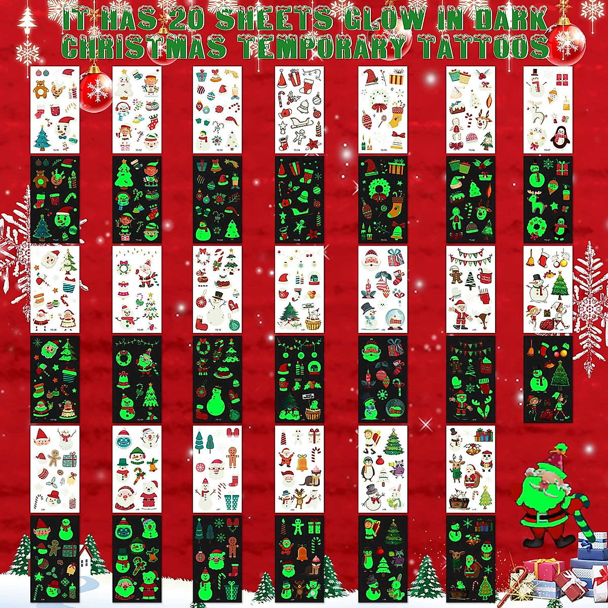 JUNEBRUSHS 20 Sheets Christmas Temporary Tattoos for Kids, Stocking Stuffers Christmas Party Favors Glow in Dark Tattoo Stickers Luminous Tattoos Face Make up Gift Filler Decoration for Boys Girls