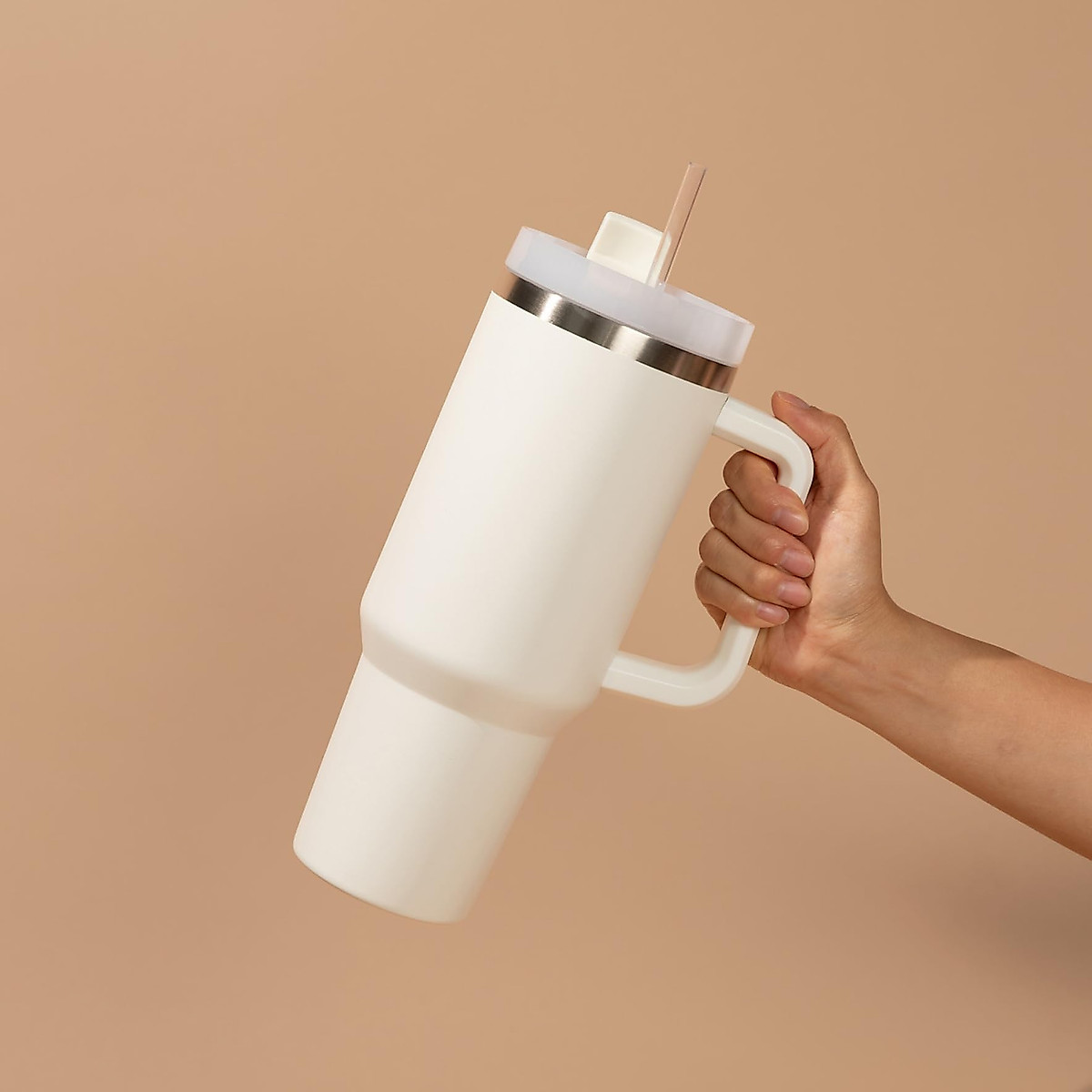 Sweet Water Decor 40 Oz Tumbler with Lid and Straw - Cream Insulated Tumblers for Hot and Cold Drinks - Coffee Tumbler with Narrow Base, Easy-Carry and Comfortable Grip Handle - Leak Proof Tumbler