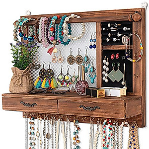Dhmkfly Jewelry Wall Organizer Wall Mounted Jewelry Organizer Jewelry Hanger Display Rack Earring with Drawers, for Earring Stud Ring Necklace Bracelets Accessories Bangles Holder Girls Gift (brown)