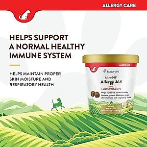 NaturVet Aller-911 Advanced Allergy Aid for Dogs, Cats – Antioxidant-Rich Pet Supplement with Omegas, DHA, EPA – Helps Support Dog Immune System, Cat Respiratory Health, Skin Moisture 70 Soft Chews