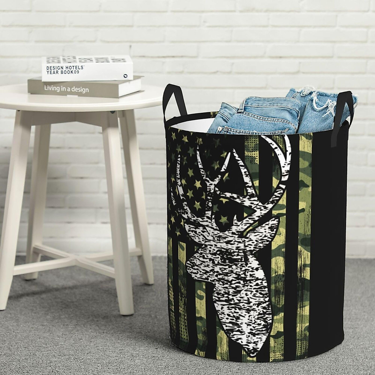 Lightweight Laundry Hamper Compatible With Deer Camo Camouflage American Flag Hunting Black Laundry Basket, Large Fabric Collapsible Clothes Hamper Easy Carrying with Handles for Boys Girls Bedroom
