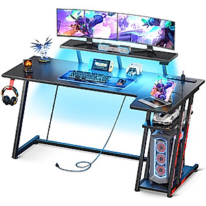 MOTPK White Gaming Desk L Shaped with LED Lights, Corner Gaming Computer Desk 55inch with Power Outlets, Gaming Table with PC Storage Shelf, Gamer Desk with Monitor Shelf