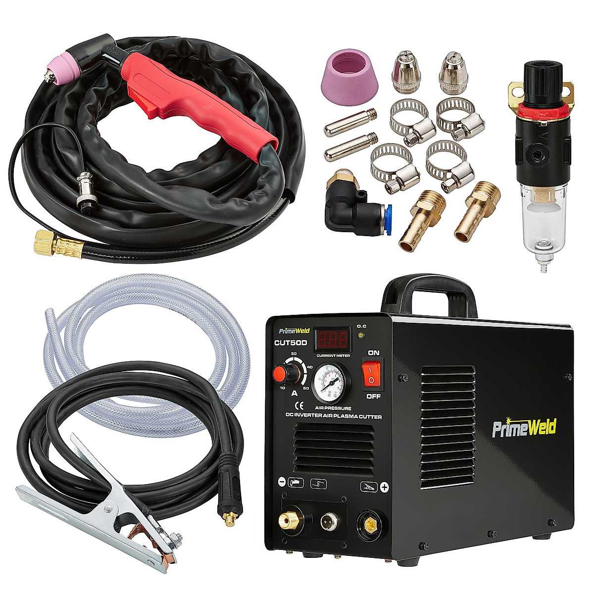PrimeWeld 50A Air Inverter Plasma Cutter, Portable Plasma Cutting Machine, Premium and Rugged Plasma Cutter Kit, Automatic Dual Voltage 110V/220V AC with Plasma Torch, 1/2" Clean Cut, CUT50D