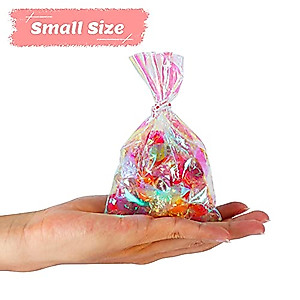 HRX Package 100pcs Small Iridescent Cellophane Treat Bags with Ties, 4x6 inch Holographic Plastic Goody Bags for Candy, Cake Pops, Favors