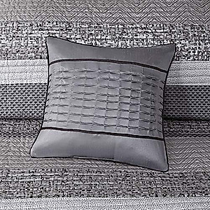 Madison Park Quilt Set Luxurious Jacquard Stripes Design - All Season, Coverlet Bedspread Lightweight Bedding Layer, Shams, Decorative Pillow, Full/Queen(90"x90"), Chevron Grey/Taupe 6 Piece