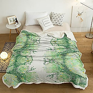 Green Yellow Sherpa Fleece Soft Double-Layered Fluffy Blanket, Watercolor Teal Ombre Leaves Botanical Warm Throw Blankets for Living Room, Bedroom, 59" W x 79" L