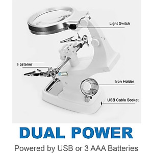 Glam Hobby LED Light Helping Hands Magnifier Station - 3X 4.5X USB Lighted Hands Free Magnifying Glass Stand with Clamp and Alligator Clips - for Soldering, Assembly, Repair, Modeling, Hobby, Crafts