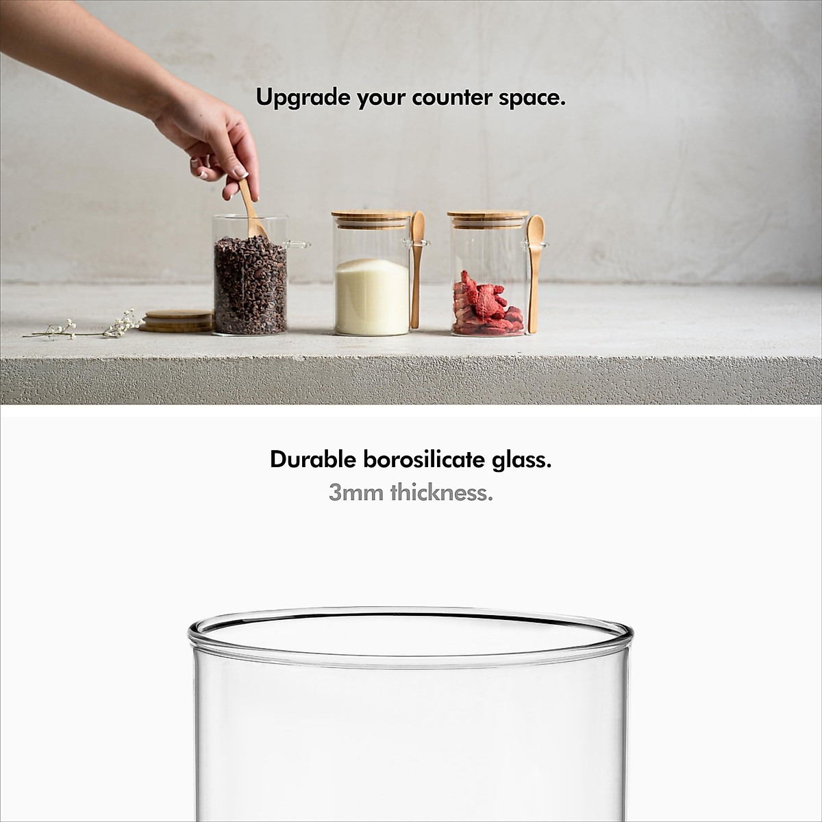 KIVY Airtight glass jars with bamboo lids and spoons (17oz) Sugar jar with spoon - Sugar container for coffee bar - Glass jar with spoon - jars with spoons and lids - Container with spoon - Tea jars