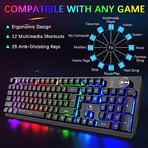 FELICON Wireless Gaming Keyboard and Mouse Set, RGB Backlit Rechargeable 4800mAh Battery, Mechanical Feel Anti-ghosting Keyboard, Control Knob for Multi-Media, Mute Gaming Mouse for Windows PC Gamer
