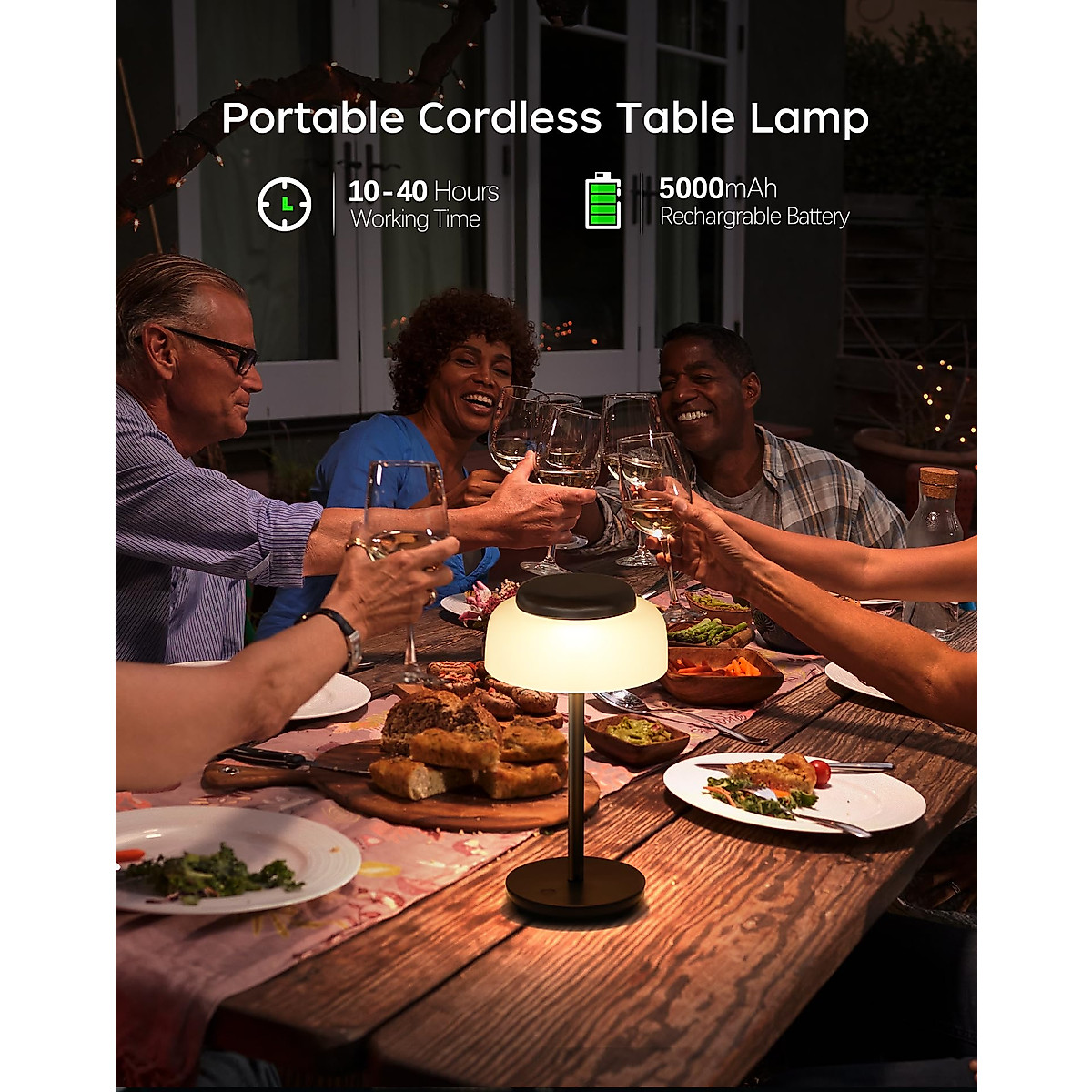 QiMH Battery Operated LED Table Lamp, 5000mAh Waterproof Cordless Desk Lamp with 3 Level Brightness Touch Control, Mini Rechargeable Night Light for Living Room, Bedroom, Outdoor bar (Black)