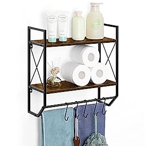 Towel Rack Wall Mounted Bathroom Shelf with Towel Bar 2 Tier Farmhouse Towel Rack Shelf Wooden Floating Shelf with Hooks for Bathroom Kitchen Living Room (Brown)