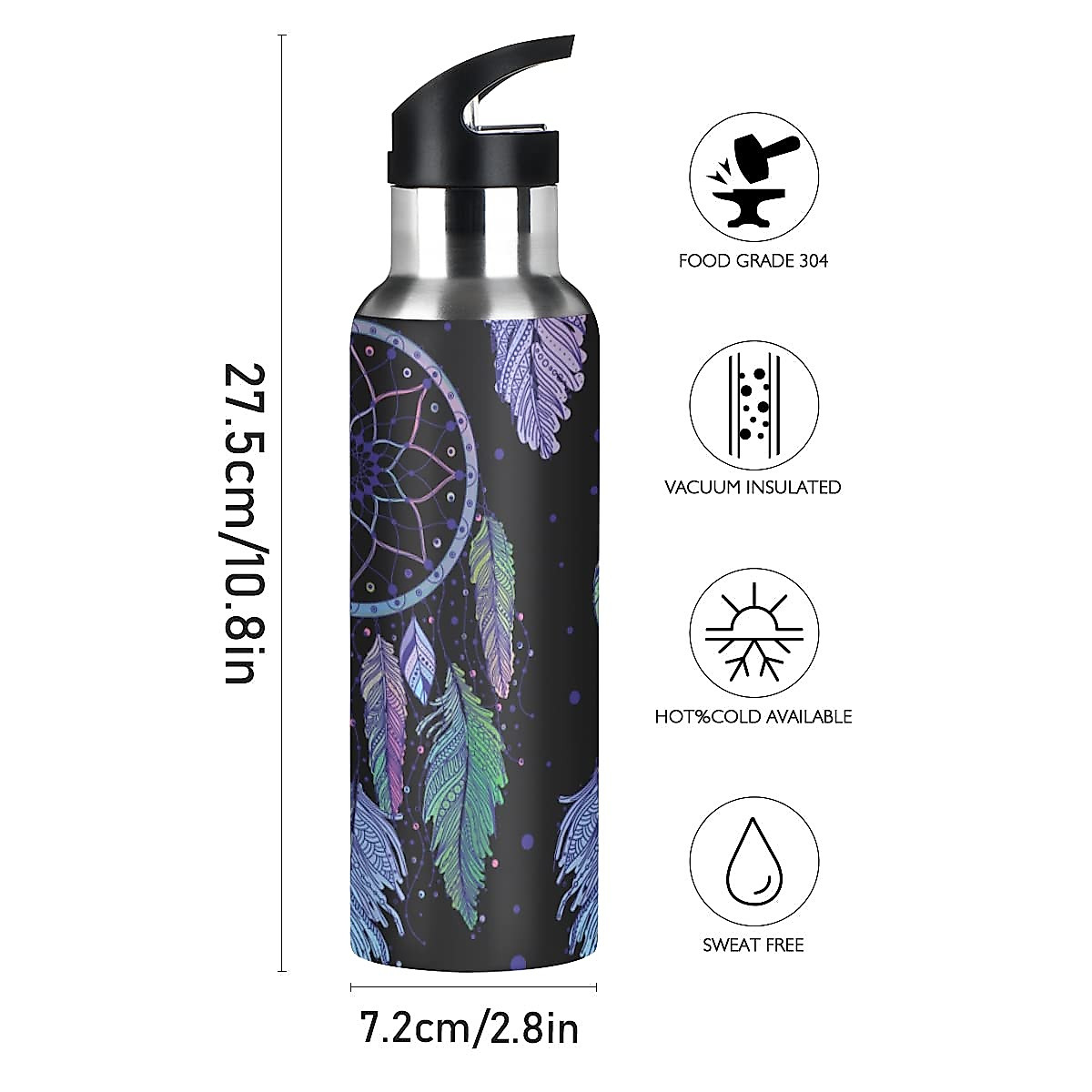 Yasala Water Bottle Dream Catcher Purple Feather Coffee Thermos Stainless Steel Insulated Beverage Container 20 oz with Straw Lid BPA-Free for Sport, Travel, Camping, Back to School