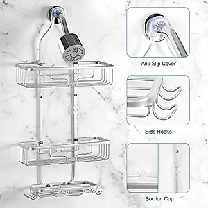 smusei Shower Caddy Over Shower Head Aluminum Shower Organizer Hanging Bathroom Shower Shelves for Inside Shower 3 Tier Shower Racks with Hooks and Shampoo Soap Razor Holder - Silver