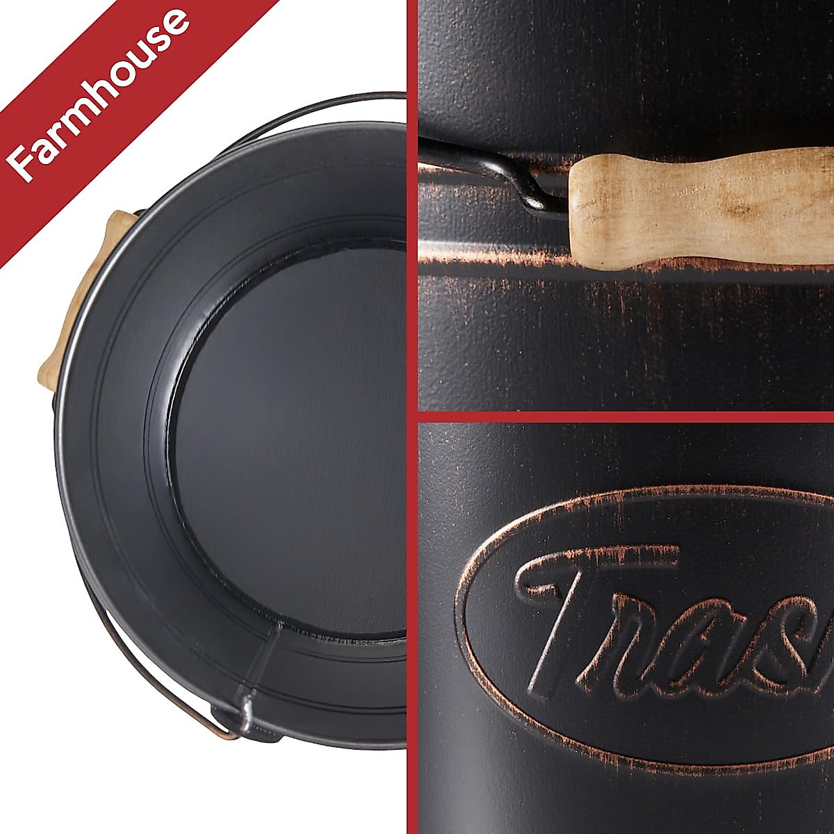 Pack 2, Rustic Farmhouse Bathroom Trash Can, Modern Country Style Galvanized Farm Metal Kitchen Trash Bucket, Large Vintage Waste Basket, Industrial Chic Bucket Garbage Can Bin, Western Garbage Pail