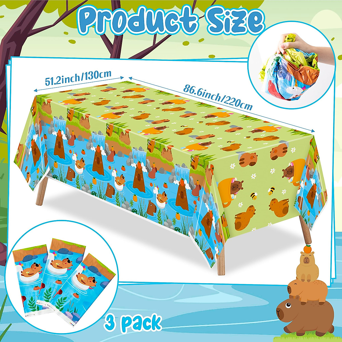 3Pcs Capybara Party Tablecloth Cute Capybara Birthday Table Cover Capybara Animals Party Decorations Plastic Disposable Rectangular Table Cloth Decor for Kids Birthday Baby Shower Animals Themed Party