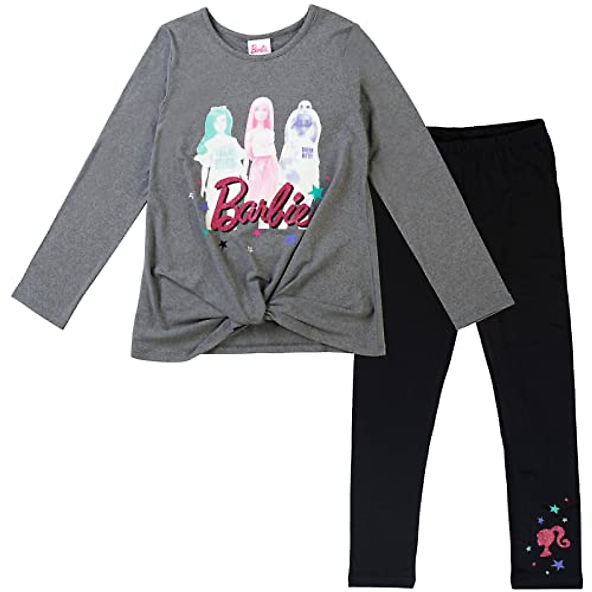 Barbie Little Girls Knotted Long Sleeve Graphic T-Shirt & Leggings Grey/Black 7-8