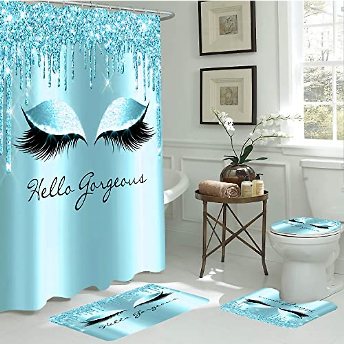Bellcon 4Pcs Turquoise Hello Gorgeous Bathroom Sets with Rugs and Accessories for Women Lake Blue Bling Eyelash Shower Curtains Sets with Rugs Soft Bath Mat and Toilet Seat Cover