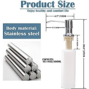 Soap Dispenser for Kitchen Sink (Chrome),Built in Design Sink Soap Dispenser, Refill from The Top, Stainless Steel Kitchen Soap Pump with 10 fl.oz Bottle (300ml)