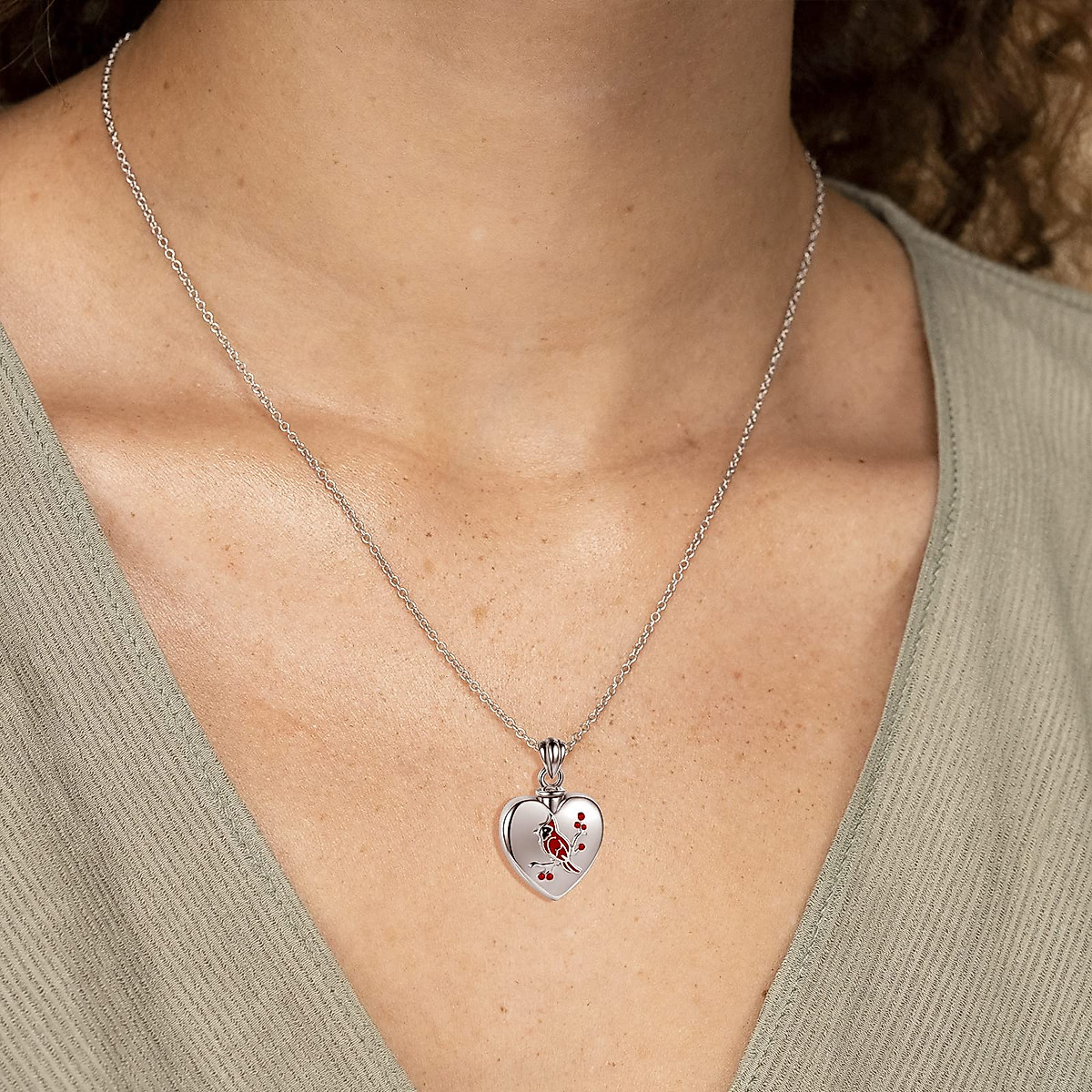 Sterling Silver Cremation Urn Jewelry - Cardinal Heart Cremation Keepsake Pendant Necklace Bracelet Memorial Jewelry Gifts for A Loss of The Loved One (Necklace)