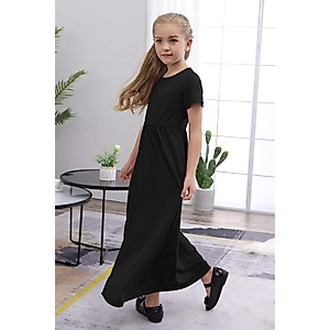 GORLYA Girl's Short Sleeve Floral Print Loose Casual Holiday Long Maxi Dress with Pockets (14Years/Height:160cm, Black Color)