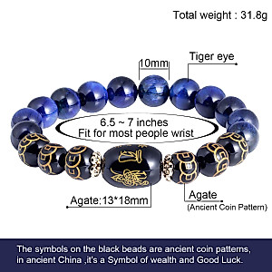 Jewever Feng Shui Bracelet Tiger Eye with Agate inscribed in Ancient Coin Pattern Porsperity 10mm Beads Elastic Attract Wealth and Good Luck