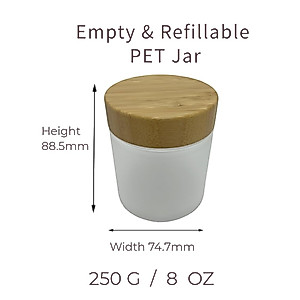 BEECO GIF2U Empty Bamboo Lid Jar 8oz/250g,Refilable Plastic Round Cosmetic Containers for Powder,Body Butter,Cream,Lotion,Wide Mouth Makeup Sample Storage Pot Dispenser(Frost)