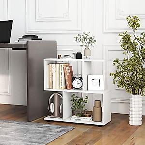 Tangkula 2 Tier Geometric Bookshelf, Freestanding Wood Display Shelf, Home Office Decor Room Divider S Shaped Open Bookcase, Small Bookshelf for Small Spaces, Living Room, Study (White, 1)