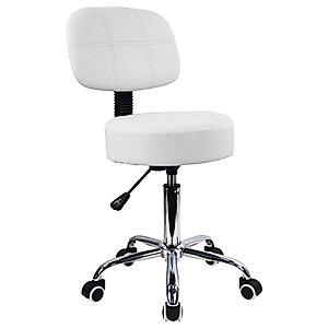 KKTONER Round Rolling Stool with Back PU Leather Height Adjustable Swivel Drafting Work SPA Salon Stools Chair with Wheels White