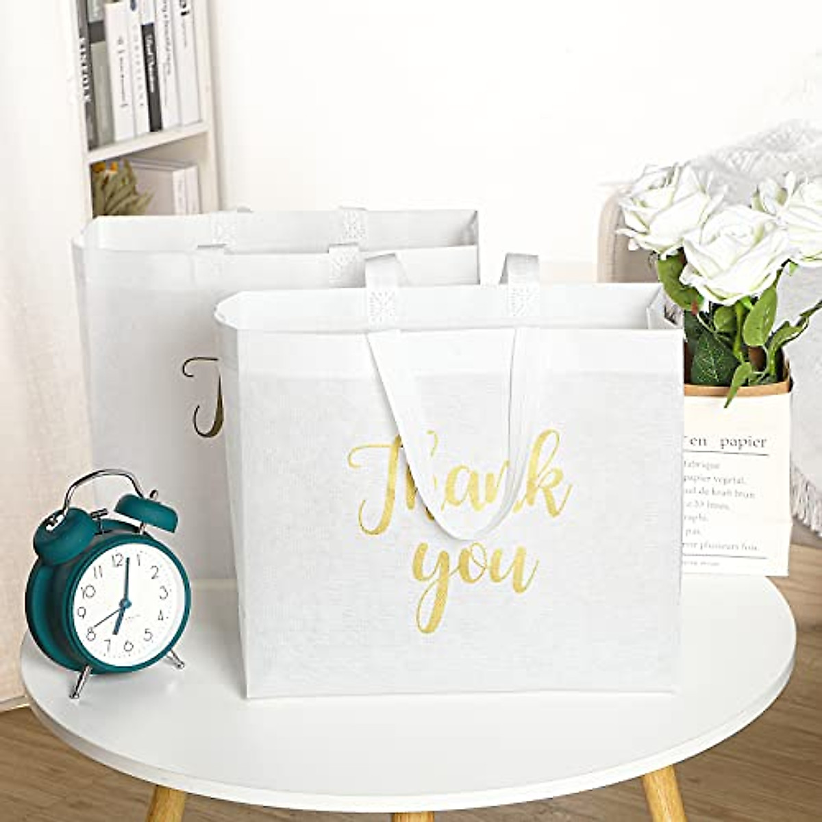 Fumete 50 Pcs Reusable Non Woven Thank You Bags Shopping Bags Grocery Bags Bulk Shopping Merchandise Bag with Handles (White, Gold)