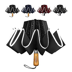 LEAGERA Sun Umbrella UV Protection Compact Windproof Reverse Umbrella for Rain - 54 inch Portable Automatic Open and Close Folding Inverted Car Travel Umbrella with Wooden Handle for Men,Black