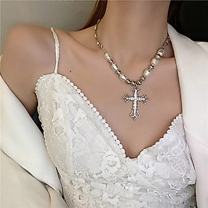Y2k Pearl Cross Necklace Coquette Aesthetic Baddie Irregular Pearl Crystal Cross Chain Necklace Cool Punk Vintage Jeweley for Women
